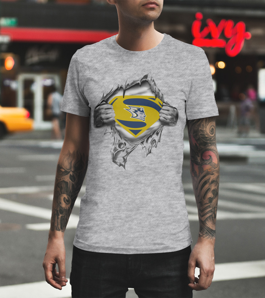 Stout Blue Devils Superman Chest Emblem Tear Open T-Shirt