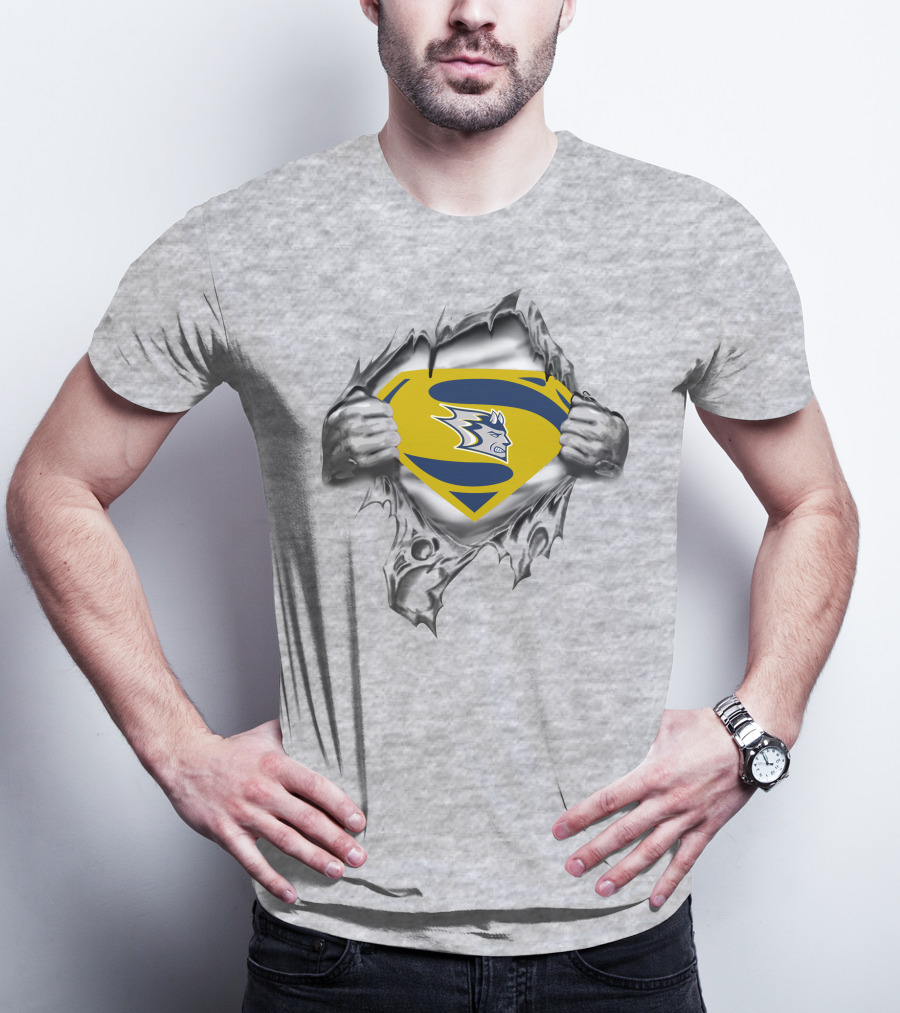 Stout Blue Devils Superman Chest Emblem Tear Open T-Shirt
