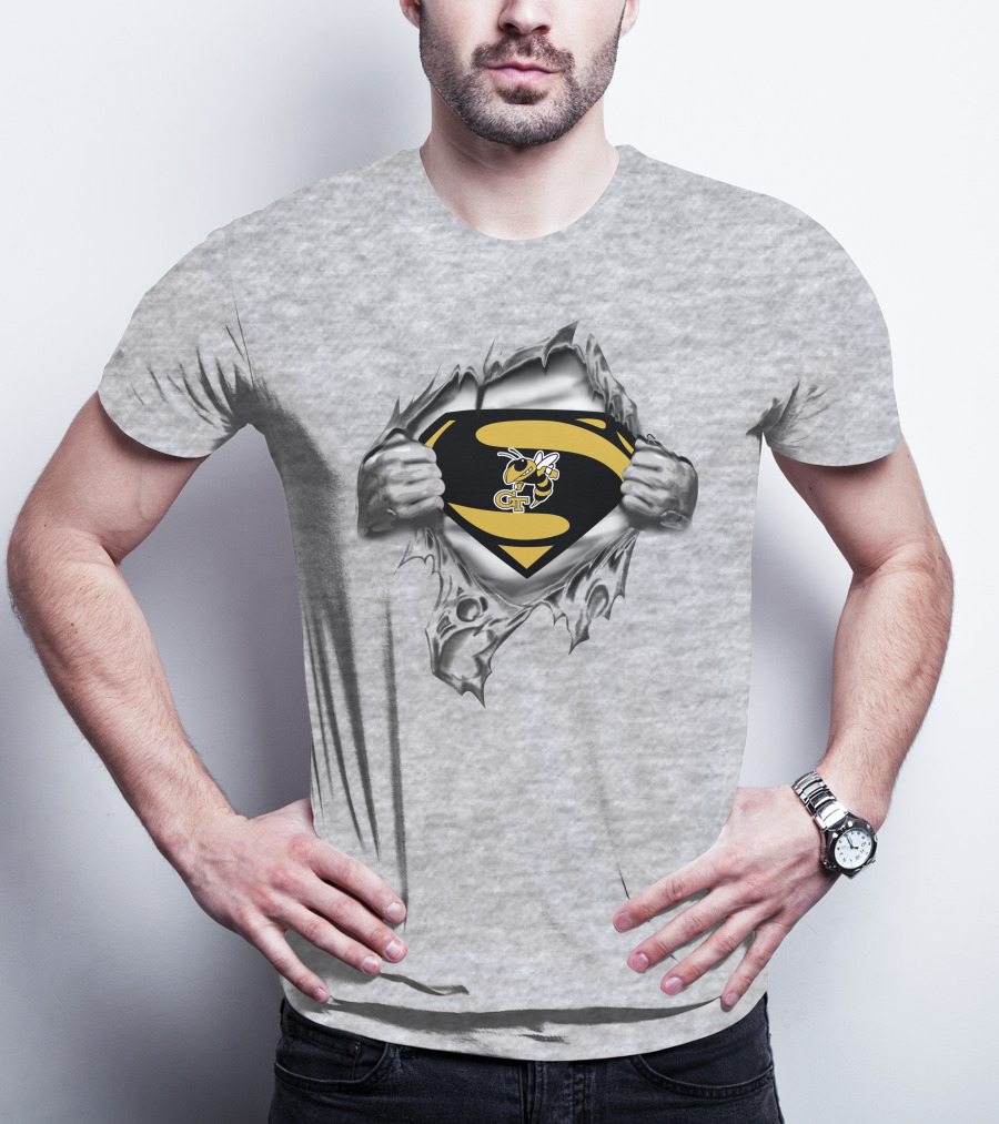 Georgia Tech Yellow Jackets Buzzing Superman Ripped Logo Reveal T-Shirt