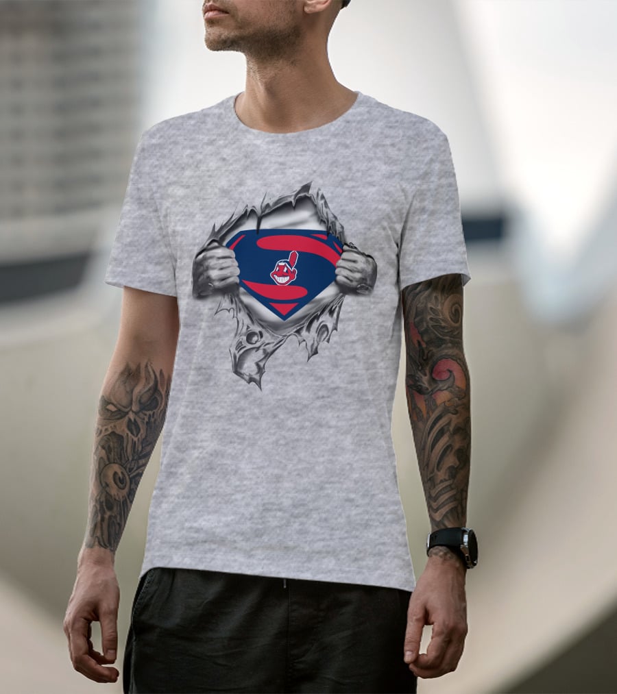 Cleveland Indians Superman Logo Peeking Through Torn Fabric T-Shirt