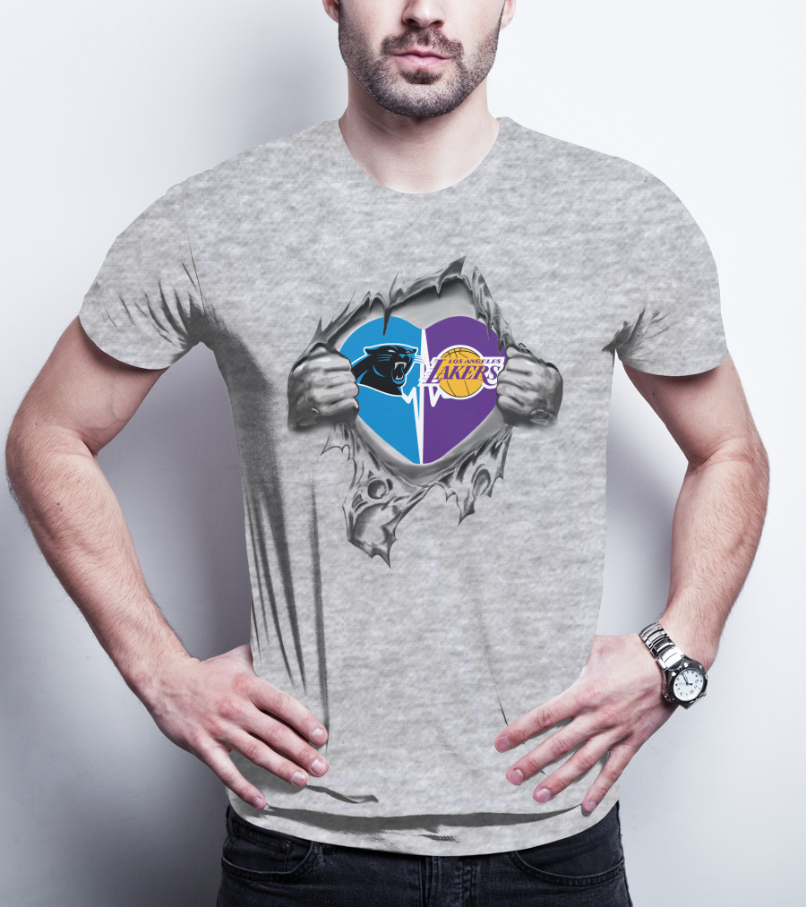 Lakers Carolina Panthers Heart Tear Logo Combo T-Shirt