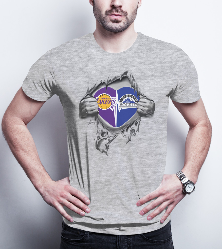 Los Angeles Lakers Colorado Rockies Heart Symbol With Hands Tearing Through Material T-Shirt