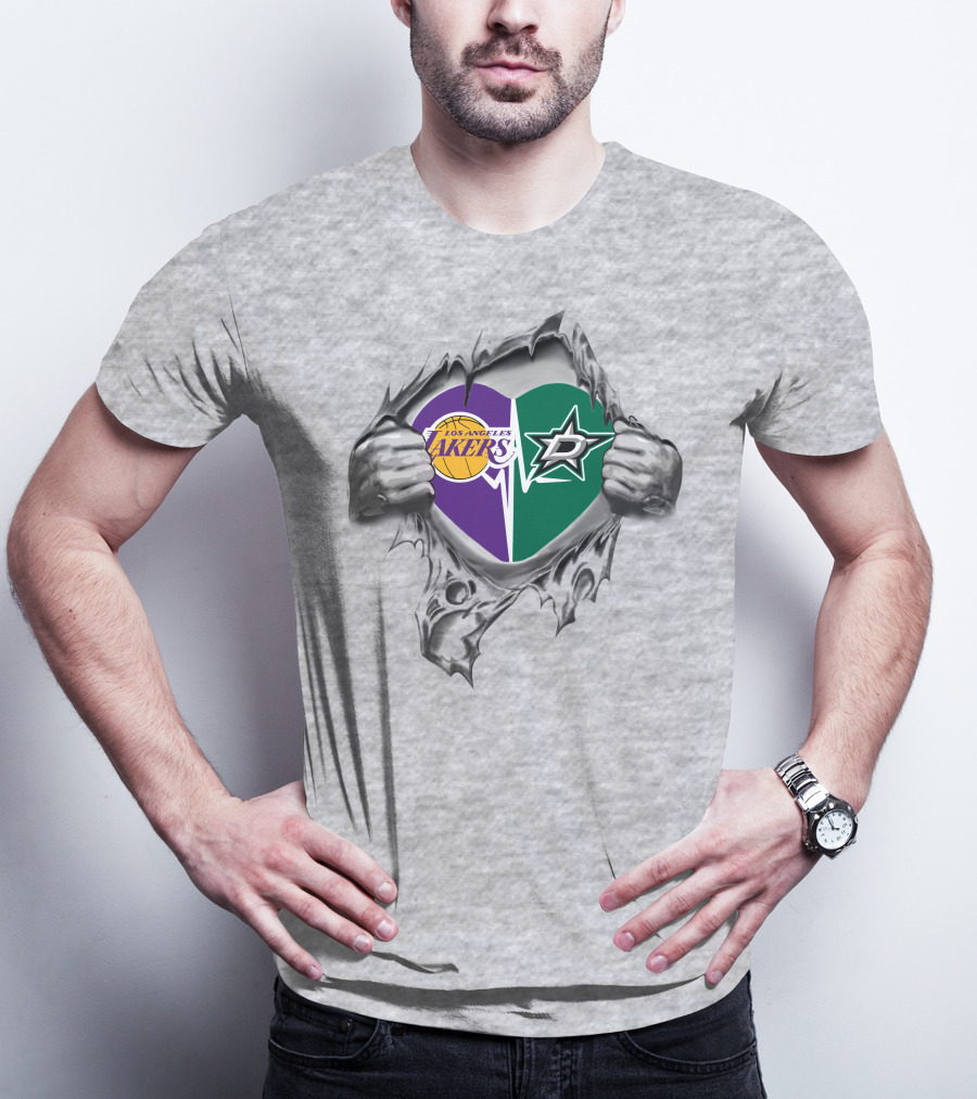Los Angeles Lakers Dallas Stars Heart Symbol With Torn Hands T-Shirt
