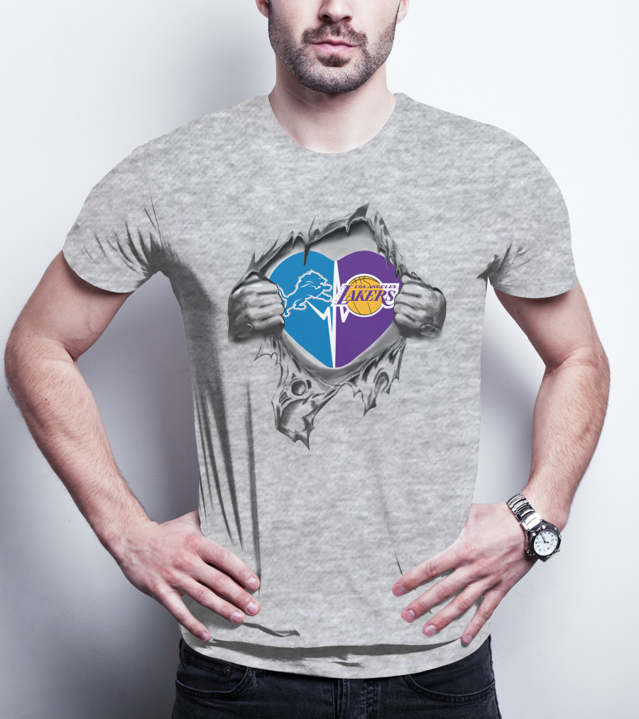 Los Angeles Lakers Detroit Lions Heart Symbol With Torn Metal Effect T-Shirt