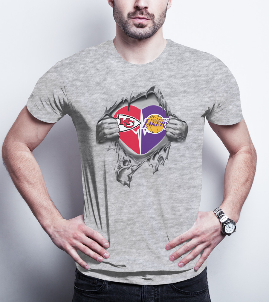 Kansas City Chiefs Los Angeles Lakers Heart Logo With Hands Ripping Through T-Shirt