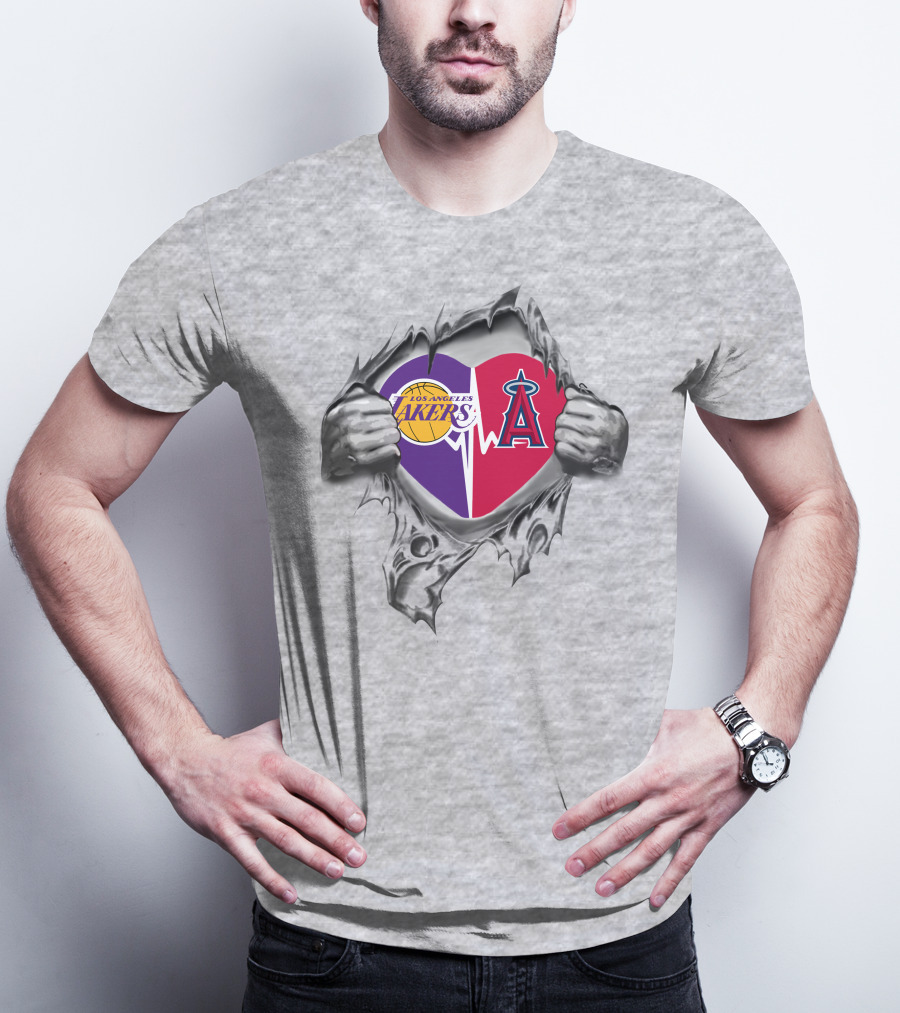 Los Angeles Lakers Angels Heartbeat Torn Gray T-Shirt