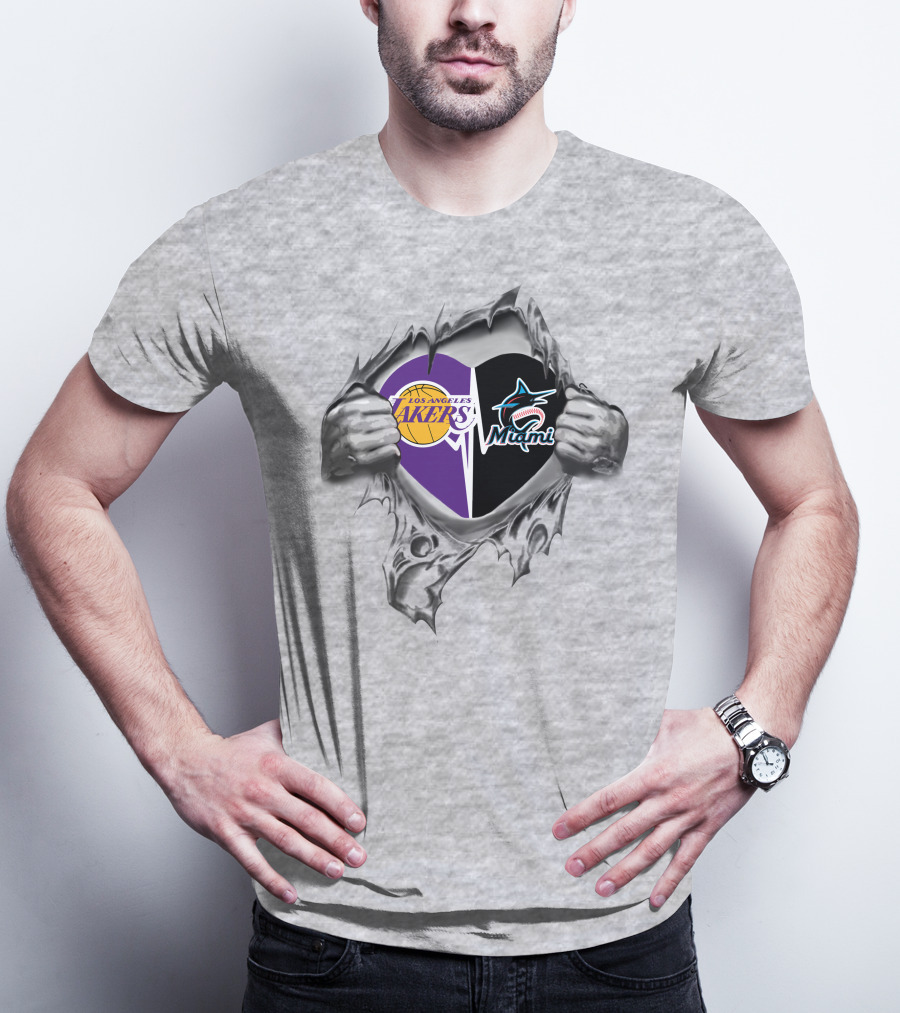 Los Angeles Lakers Miami Marlins Heart T-Shirt