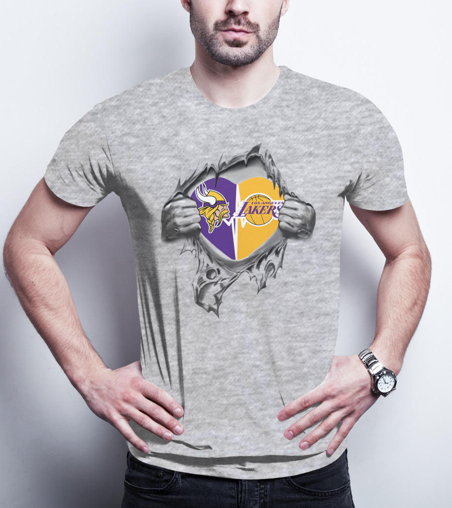 Lakers Minnesota Vikings Heart Logo Ripped Metal T-Shirt