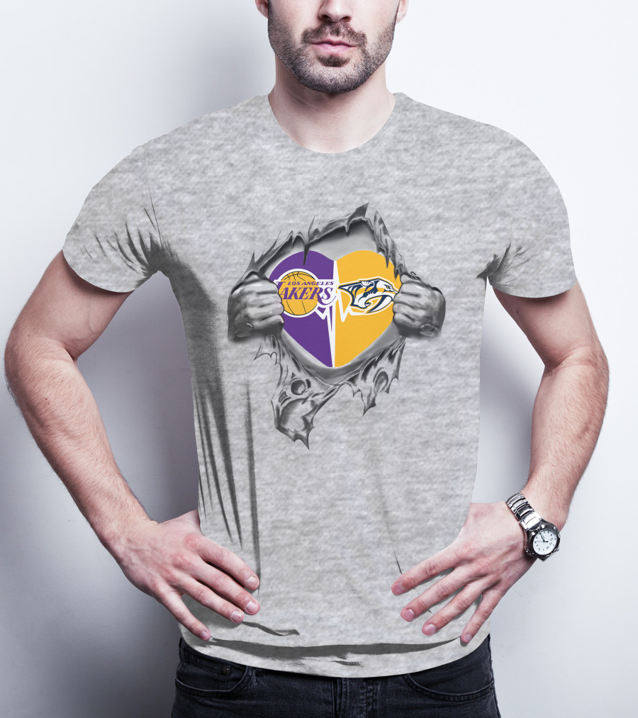 Los Angeles Lakers Nashville Predators Heart Torn Gray T-Shirt