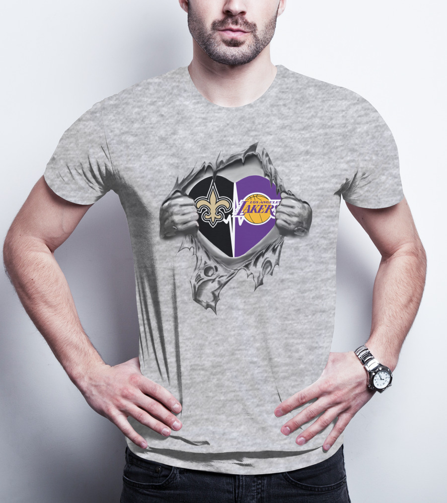 Lakers New Orleans Saints Heart With Logos Tearing T-Shirt