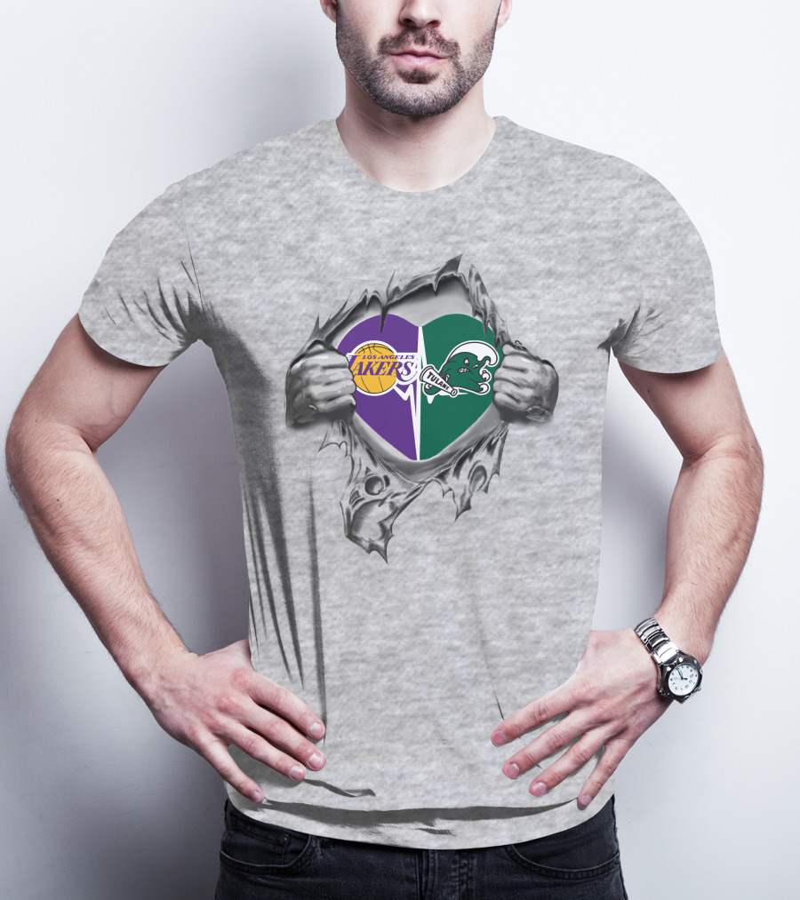 Los Angeles Lakers Tulane Green Wave Heart Logo Print T-Shirt