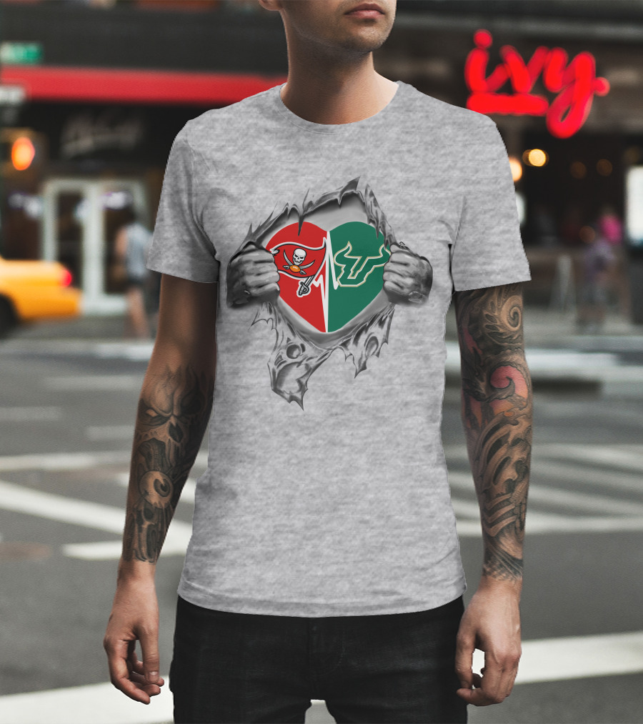 Buccaneers South Florida Bulls Heart Split Logo Tribute T-Shirt