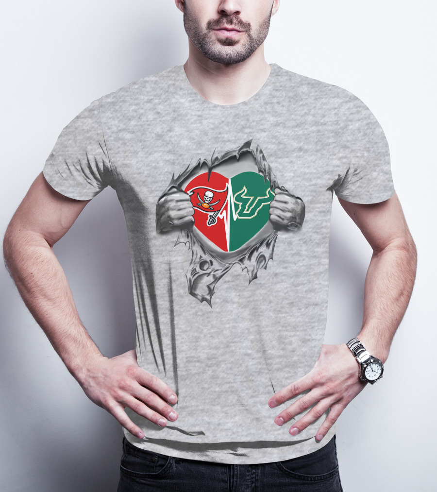 Buccaneers South Florida Bulls Heart Split Logo Tribute T-Shirt