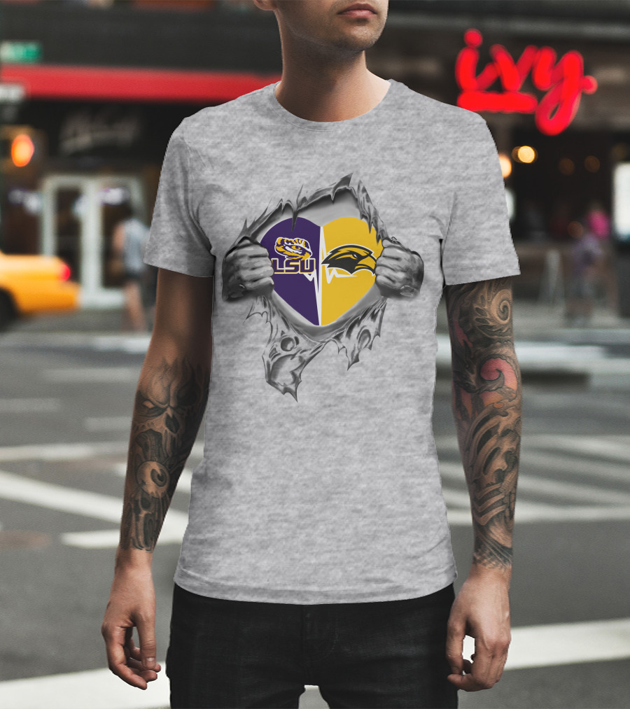 Lsu Southern Mississippi Golden Eagles Heart-Shaped Logo Torn Fabric T-Shirt