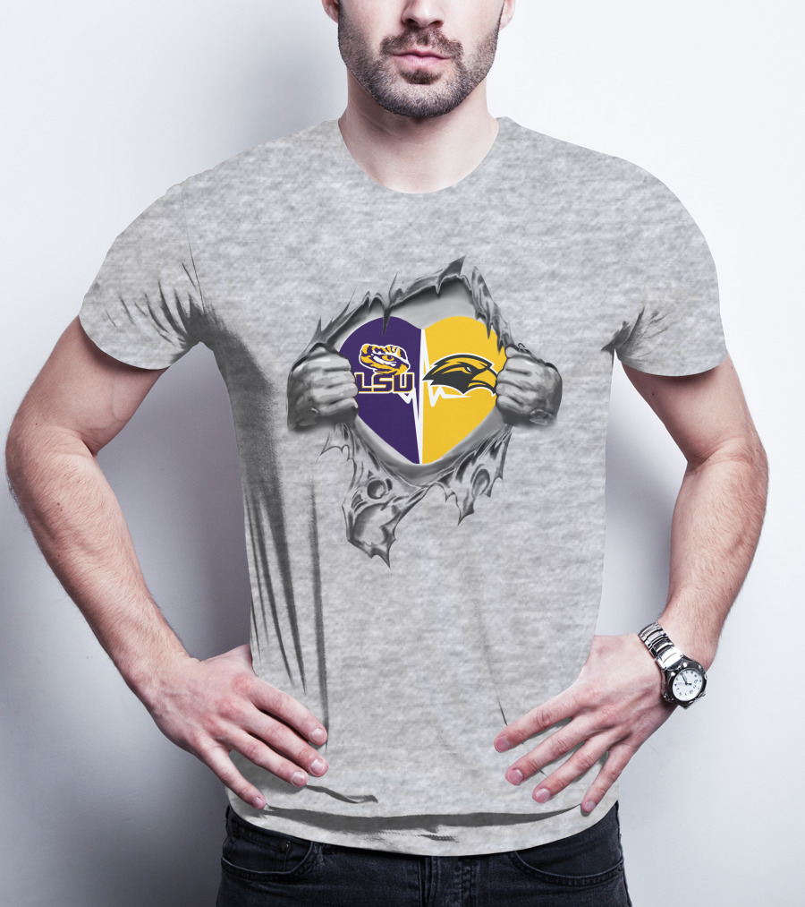 Lsu Southern Mississippi Golden Eagles Heart-Shaped Logo Torn Fabric T-Shirt
