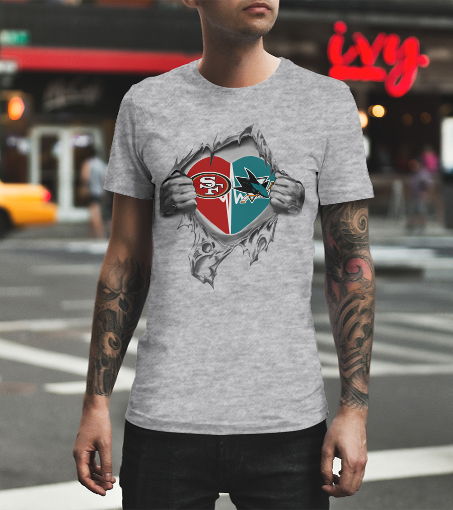 49ers San Jose Sharks Heart Logo Torn Fabric T-Shirt
