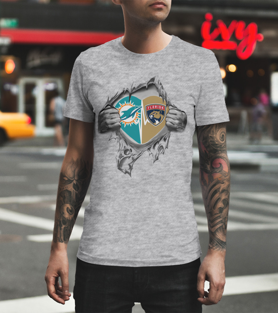 Miami Dolphins Florida Panthers Heart Design 27 Fan Tribute T-Shirt