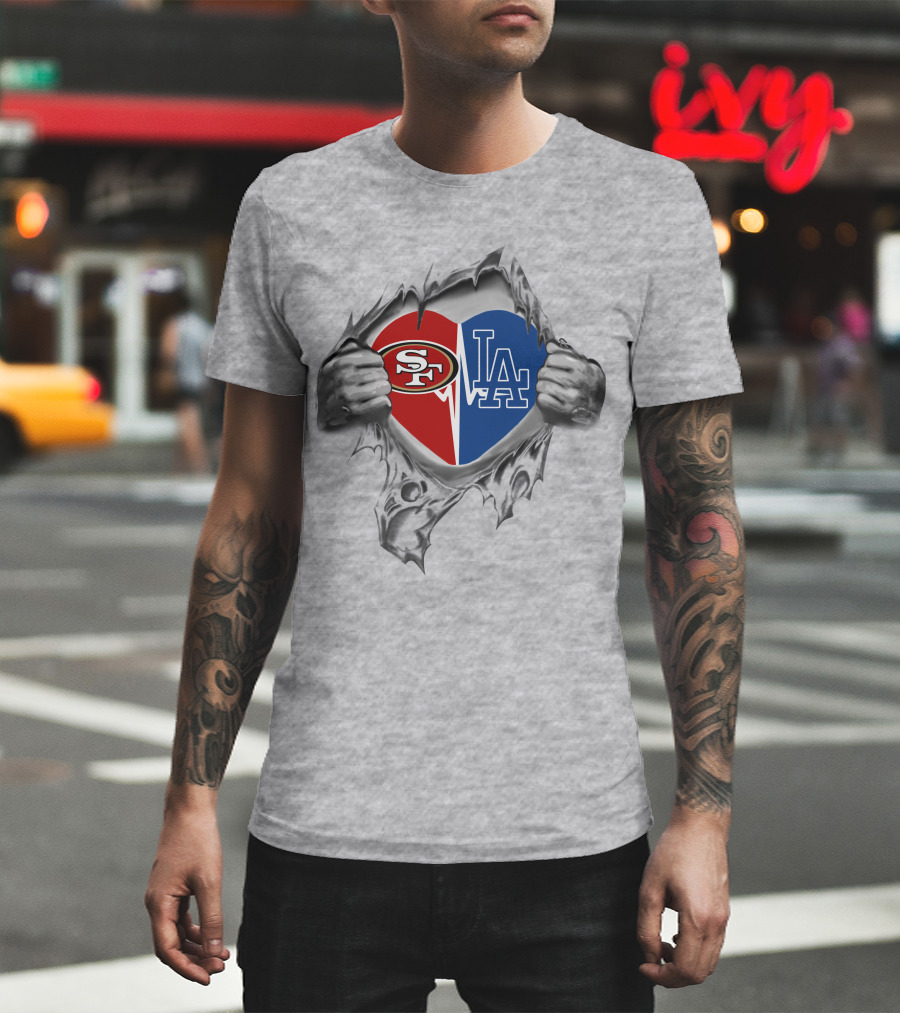 49ers Los Angeles Dodgers Heart Design Dual Team Loyalty T-Shirt