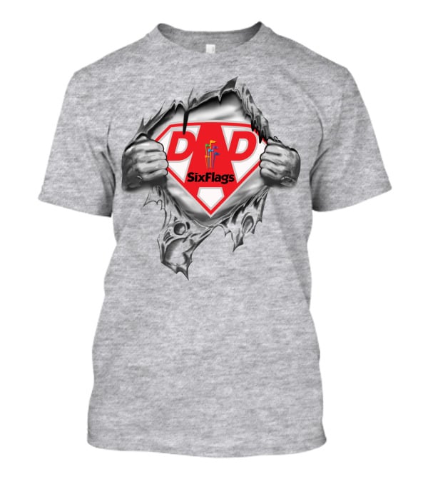 Six Flags Super Dad Emblem With Hands Peeling Away Grey Covering T-Shirt