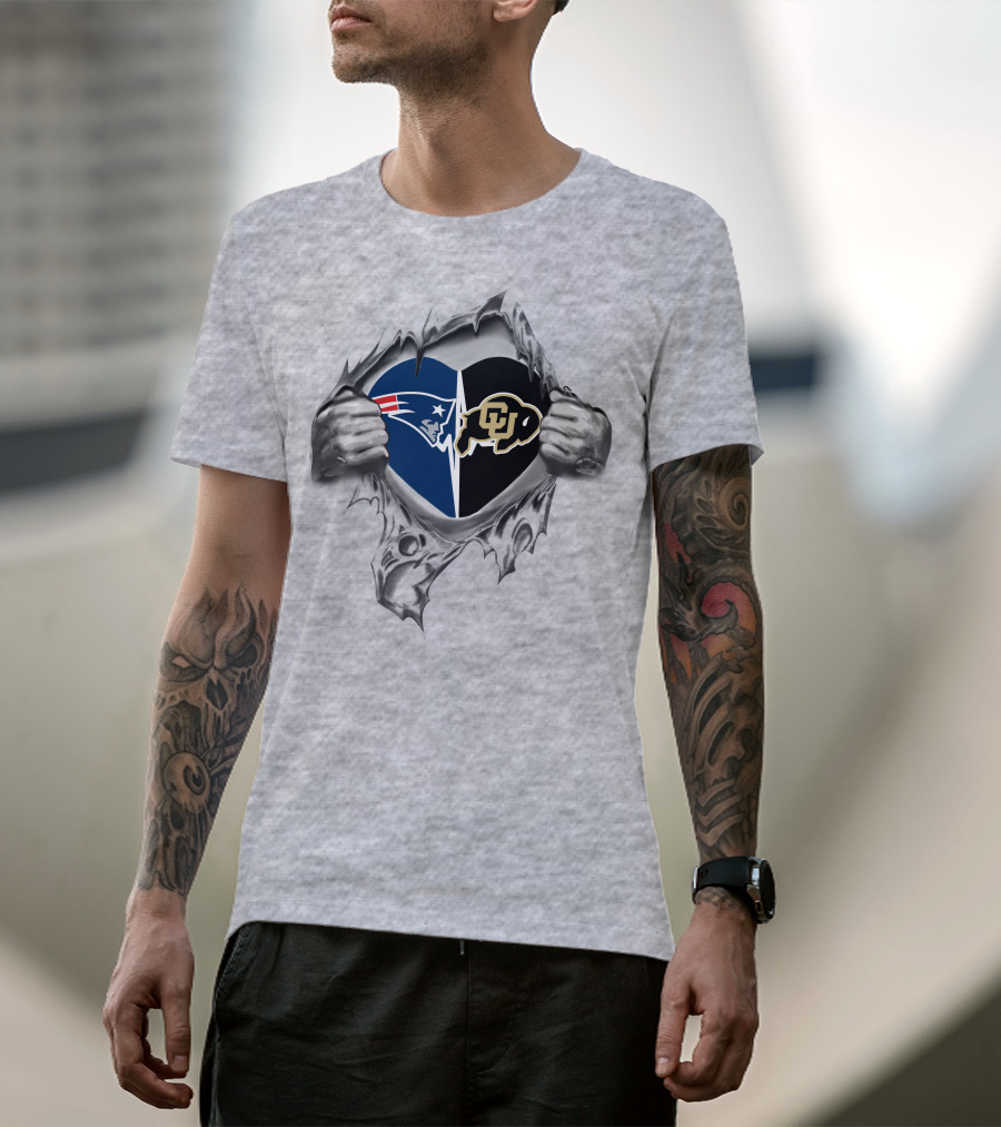 Patriots Colorado Buffaloes Heart Emblem With Tearing Hands T-Shirt