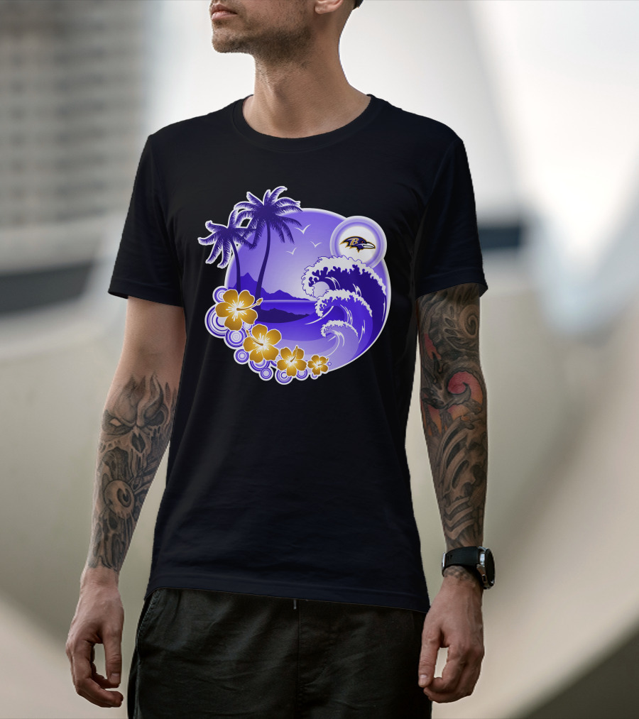 Baltimore Ravens Happy Holidays Tropical Paradise With Wave And Flowers T-Shirt