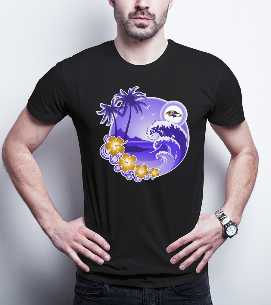 Baltimore Ravens Happy Holidays Tropical Paradise With Wave And Flowers T-Shirt