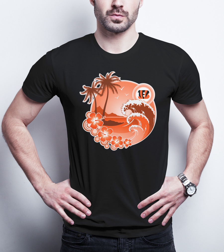 Cincinnati Bengals Holiday Hawaiian Beach Wave And Palm Flowers T-Shirt