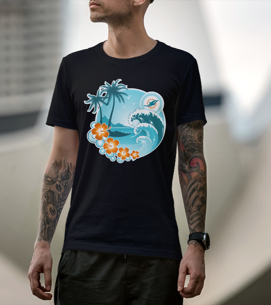 Miami Dolphins Happy Holidays Tropical Wave And Palm Trees Scene T-Shirt