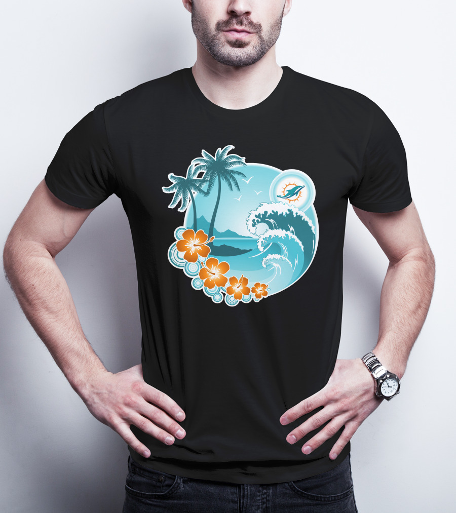 Miami Dolphins Happy Holidays Tropical Wave And Palm Trees Scene T-Shirt