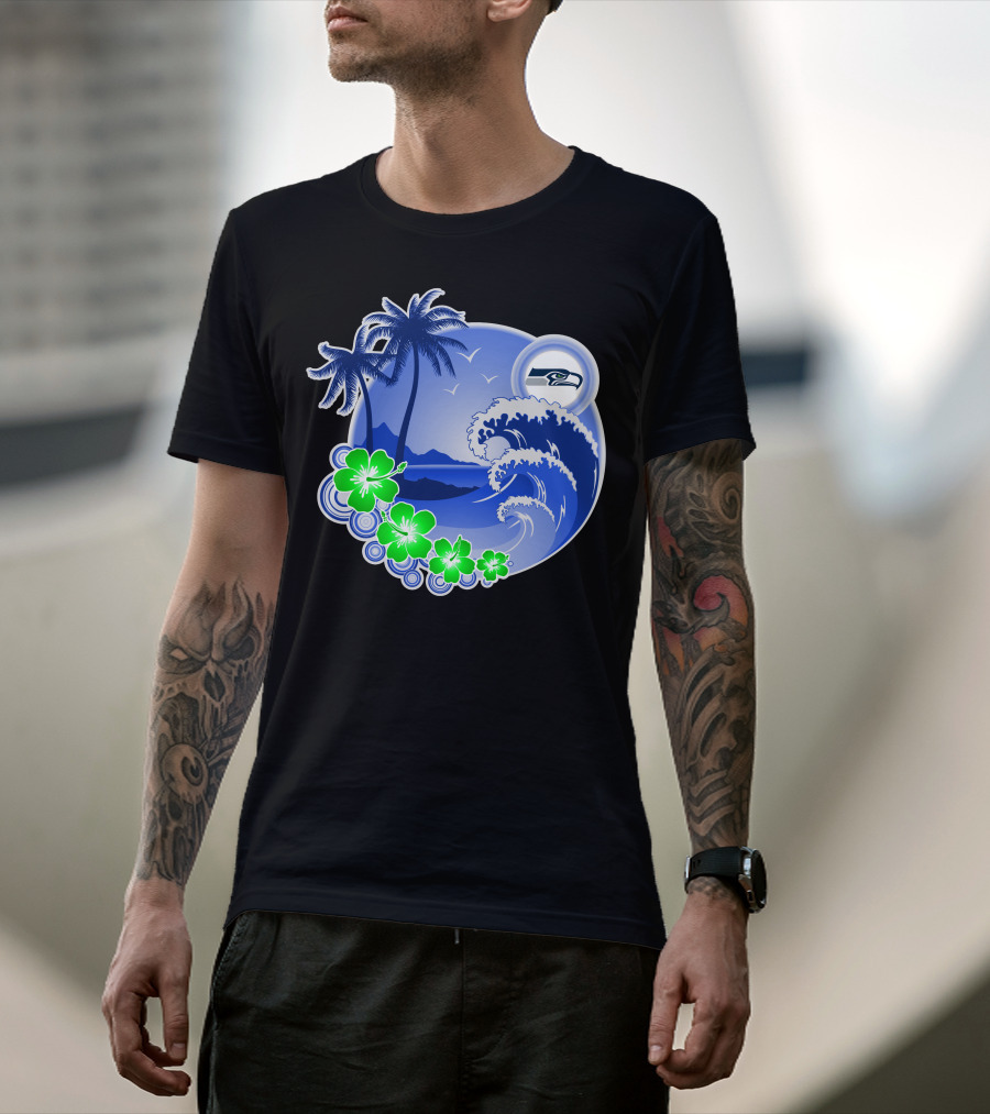 Seattle Seahawks Tropical Beach Happy Holidays Wave And Palm Trees T-Shirt