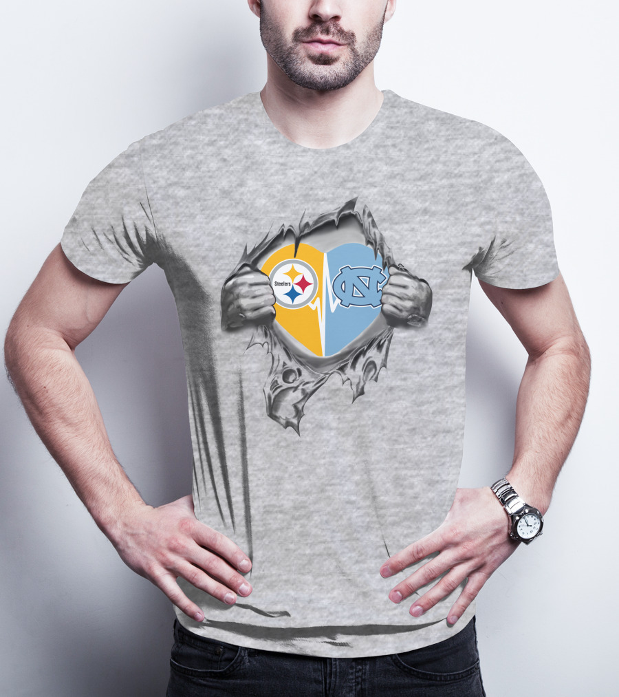 Steelers North Carolina Tar Heels Heart Torn Reveal T-Shirt