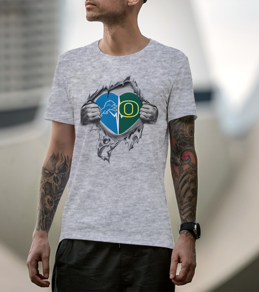 Lions Oregon Ducks Heart Design With Torn Effect And Team Logos T-Shirt