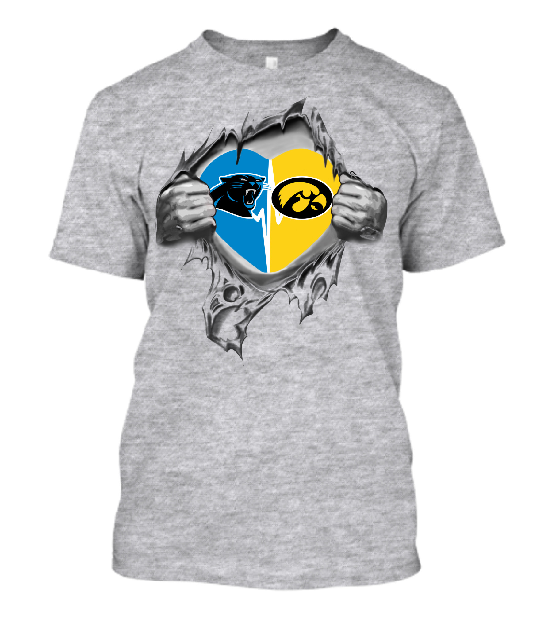 Panthers Iowa Hawkeyes Heart Design Combining Blue And Yellow Team Logos T-Shirt