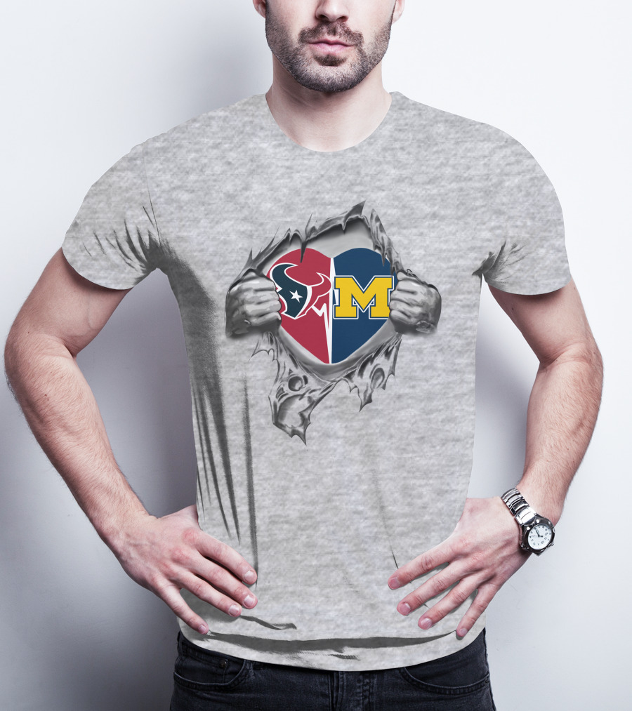 Texans Michigan Wolverines Heart Inside Revealed By Ripped Hands T-Shirt