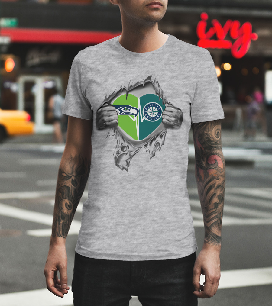 Seattle Seahawks Mariners Heart Design 48 Tear Reveal T-Shirt