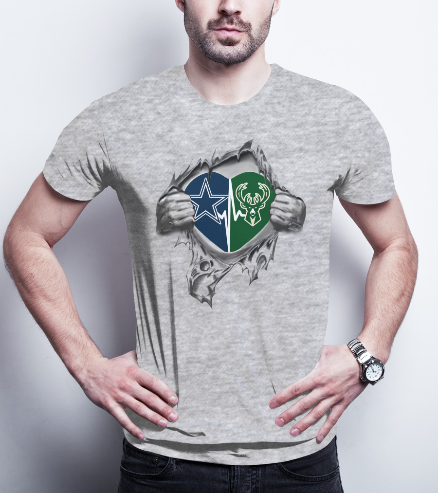 Cowboys And Milwaukee Bucks Heart Design With Logos T-Shirt