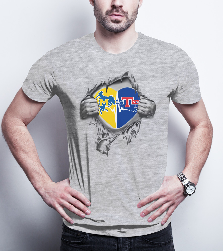 Mcneese La Tech Heart Design With Logos And Torn Effect T-Shirt