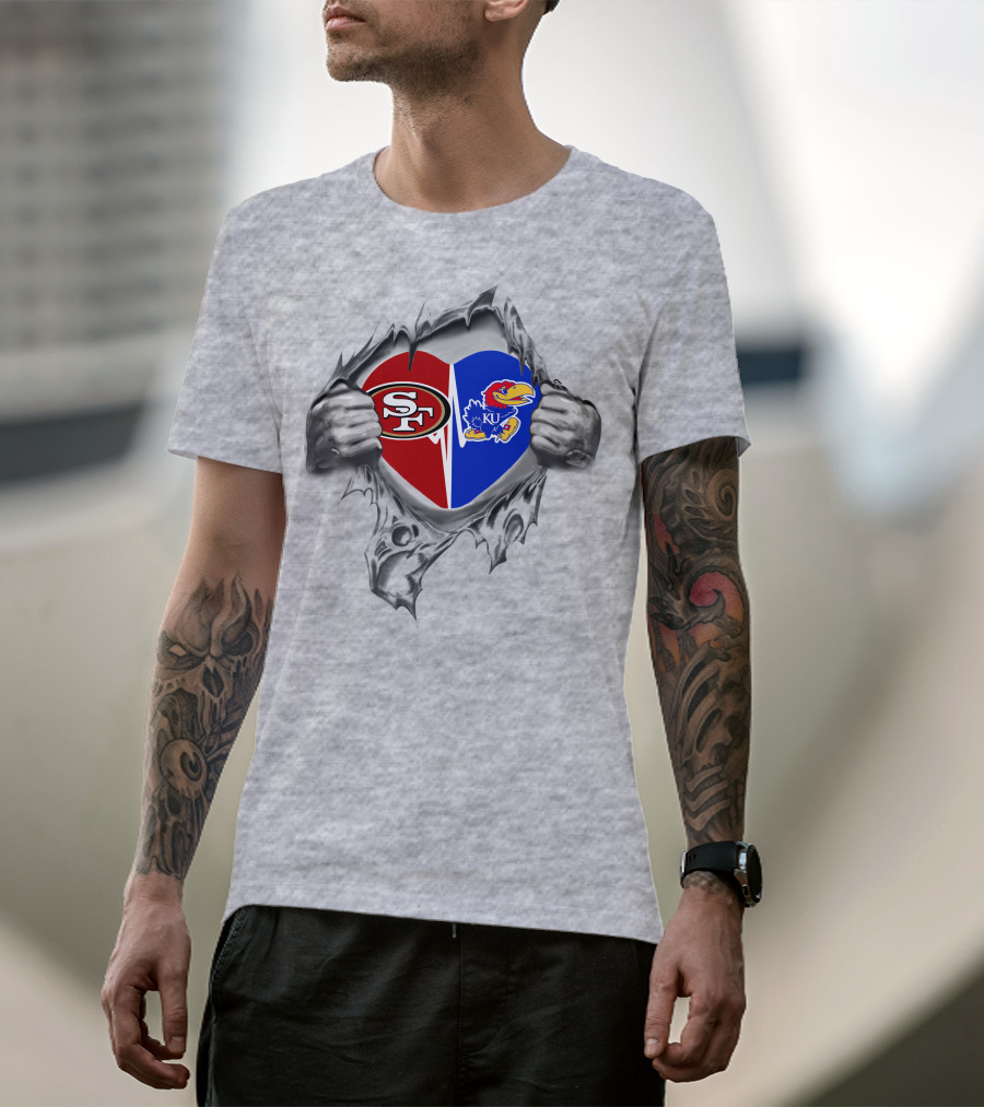 49ers San Francisco And Kansas Jayhawks Heart Logo Split T-Shirt