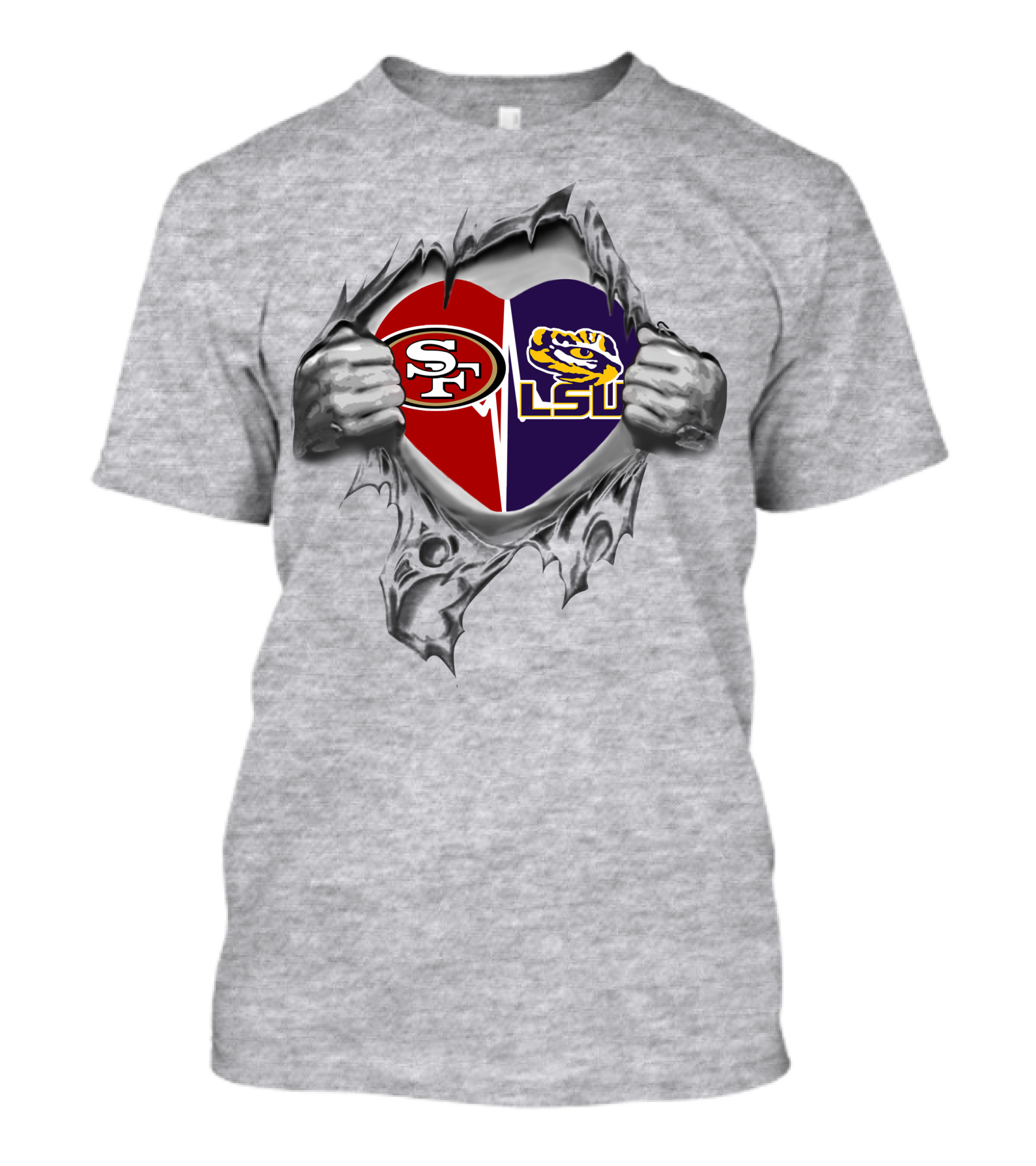 49ers Lsu Tigers Heart Torn Open Logo Fusion T-Shirt