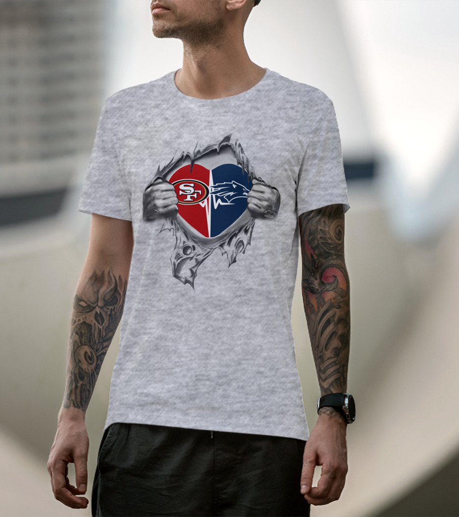 49ers And Nevada Wolf Pack Heart Design Featuring Iconic Logos T-Shirt