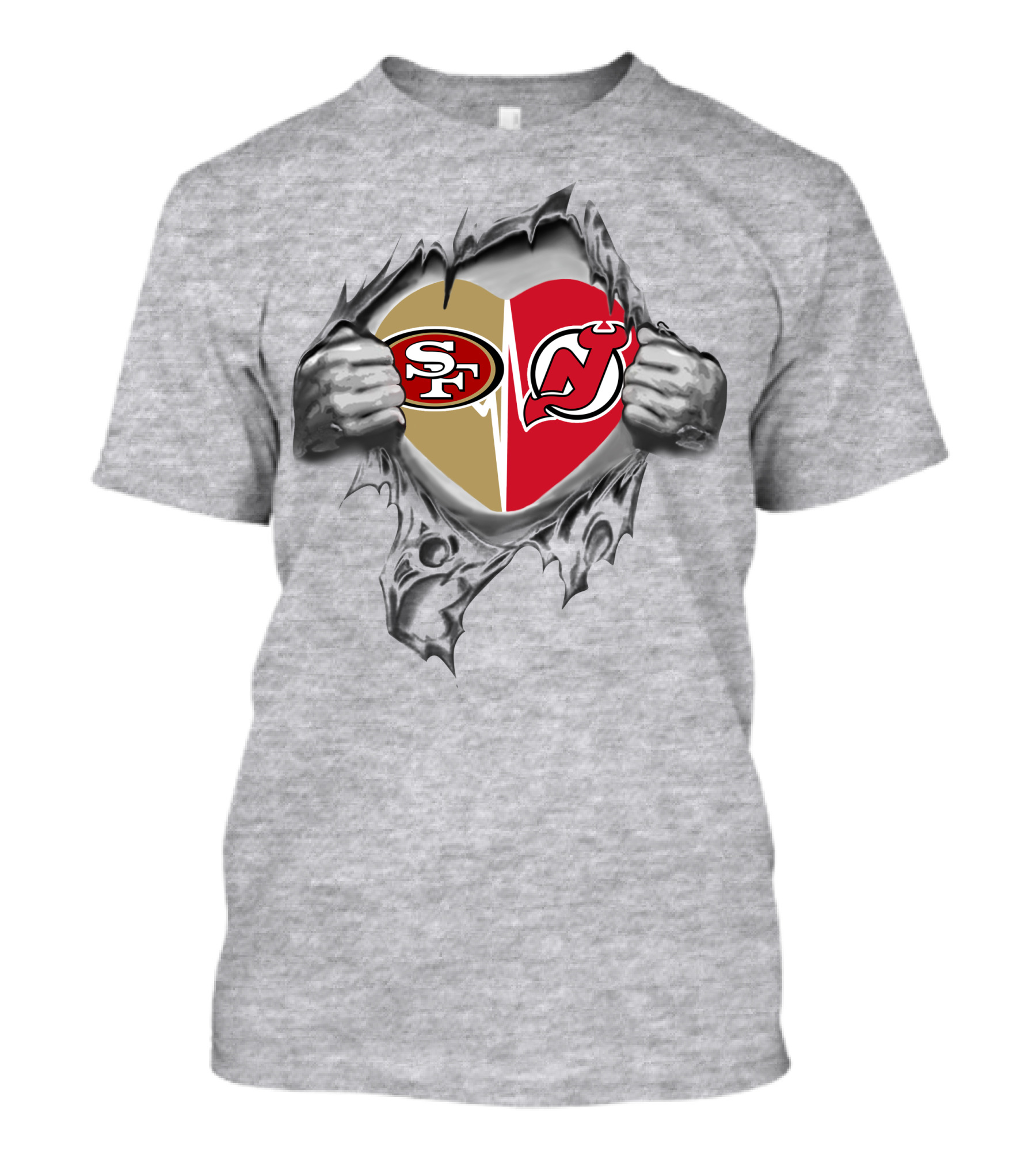 49ers New Jersey Devils Heart Symbol Split By Ripped Metal T-Shirt