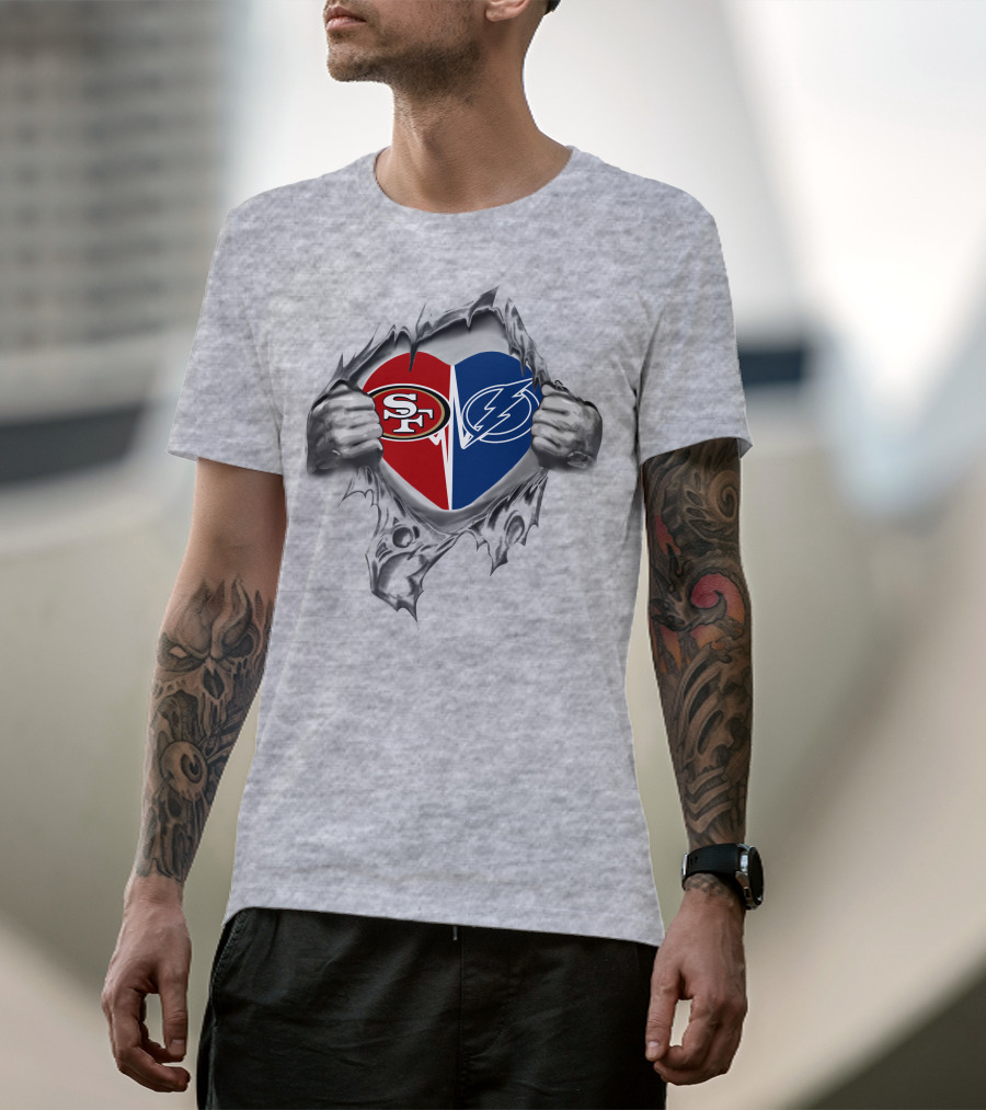 49ers Tampa Bay Lightning Heart Logo Split In Grey Torn T-Shirt
