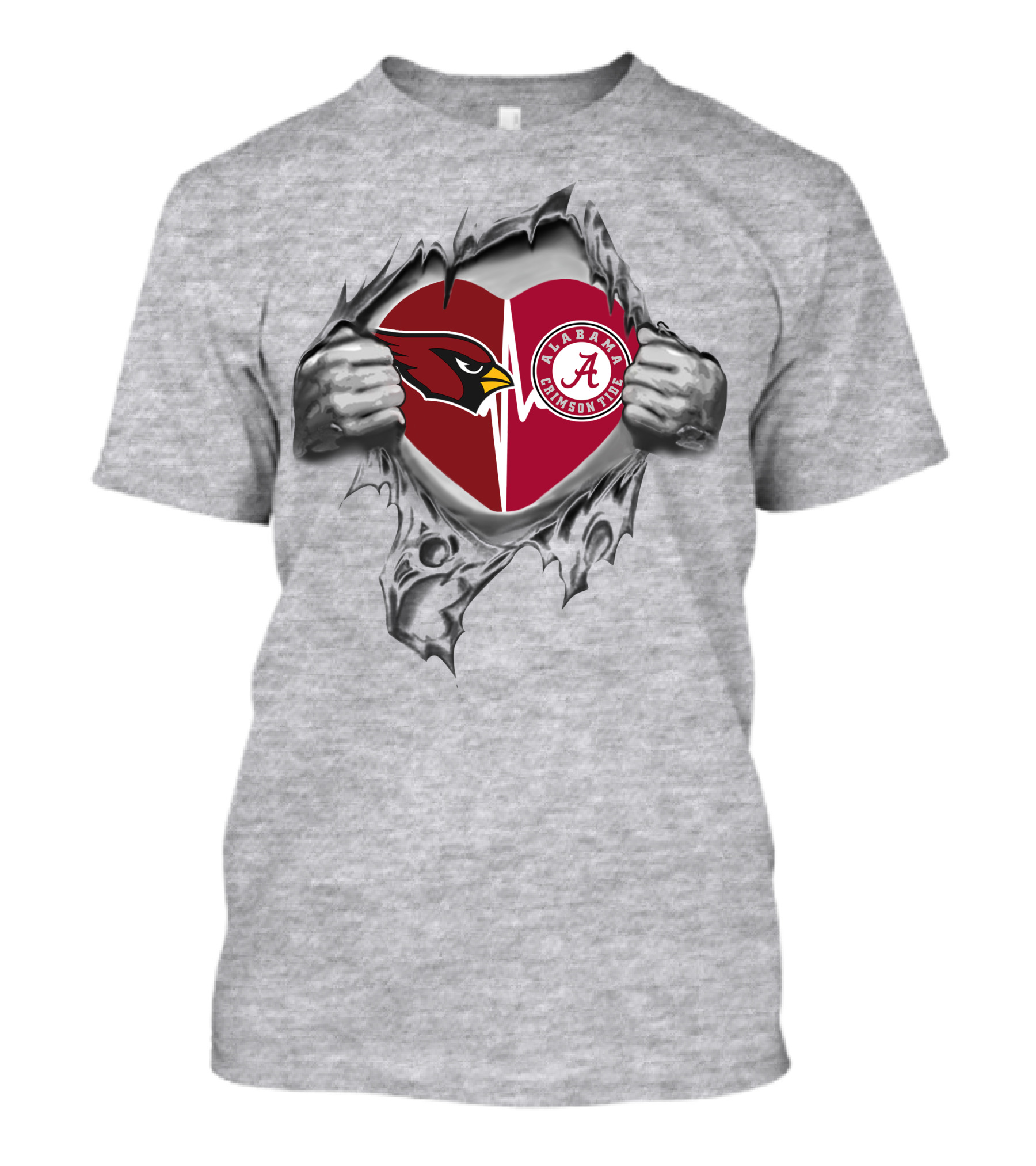 Cardinals Alabama Crimson Tide Heart Symbol Split In Torn T-Shirt
