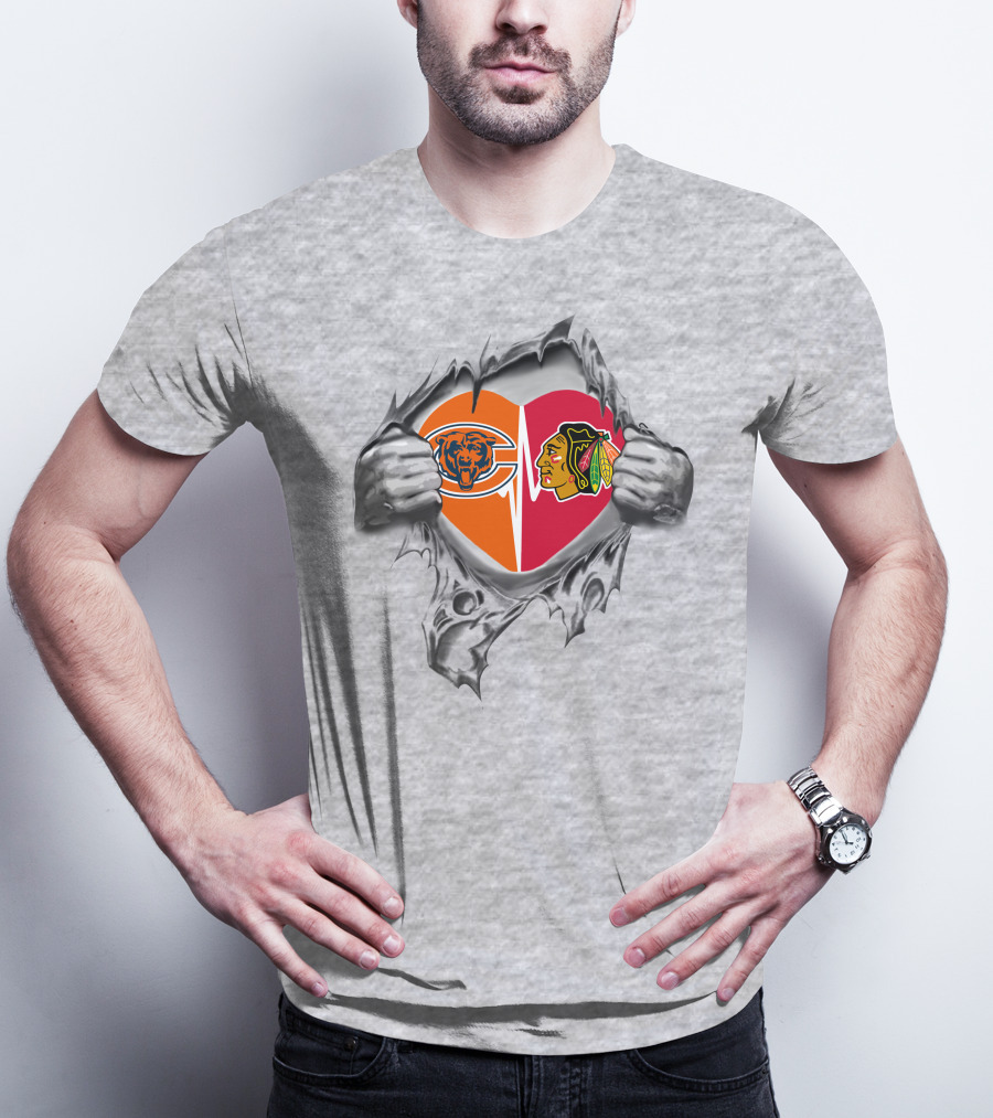 Bears Chicago Blackhawks Heart Logos Torn Chest T-Shirt