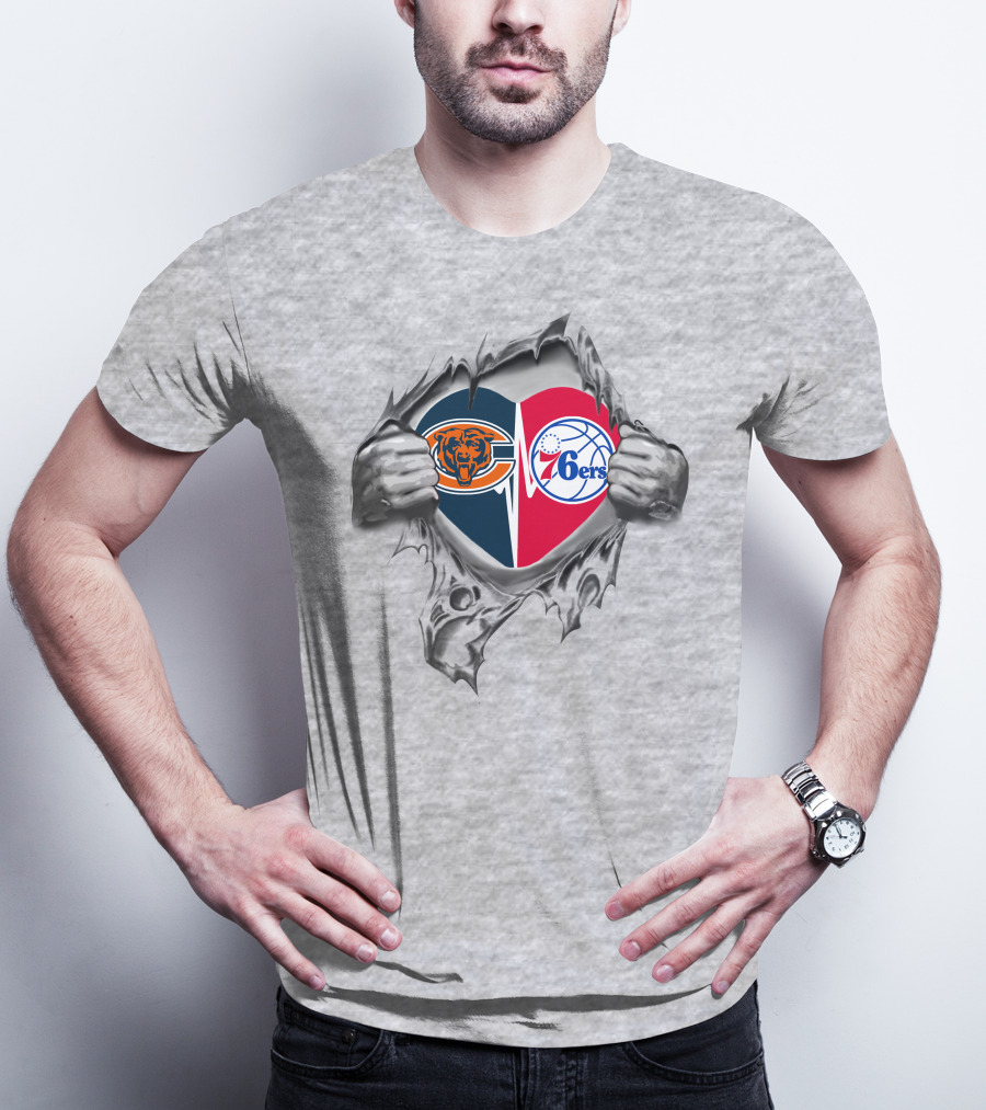 Bears Chicago And Philadelphia 76ers Heart Symbol Torn T-Shirt