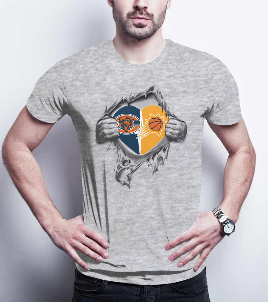 Bears Phoenix Suns Heart Logo Combination With Hands Peeling Back Fabric T-Shirt