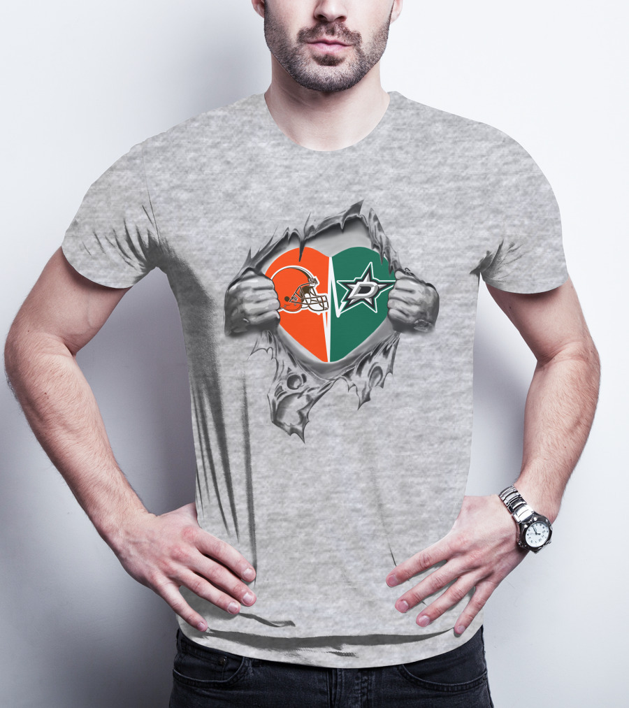 Browns Dallas Stars Heart With Football And Hockey Logos T-Shirt