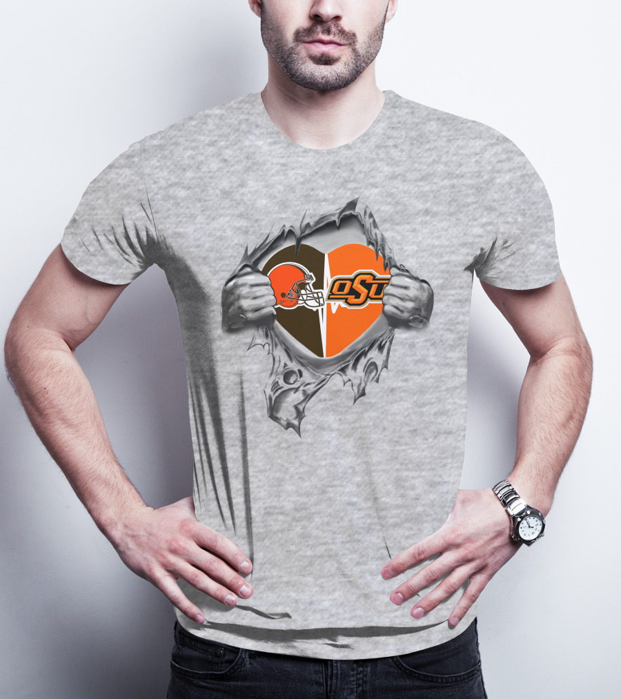 Browns Oklahoma State Cowboys Heart With Teams And Logos T-Shirt