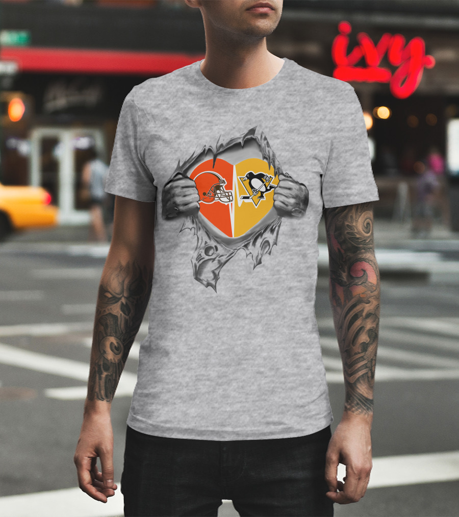 Browns Pittsburgh Penguins Heart Split T-Shirt