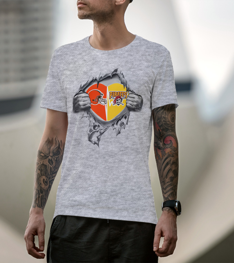 Browns Pirates Heart Logos Cleveland Pittsburgh Fan Pride T-Shirt